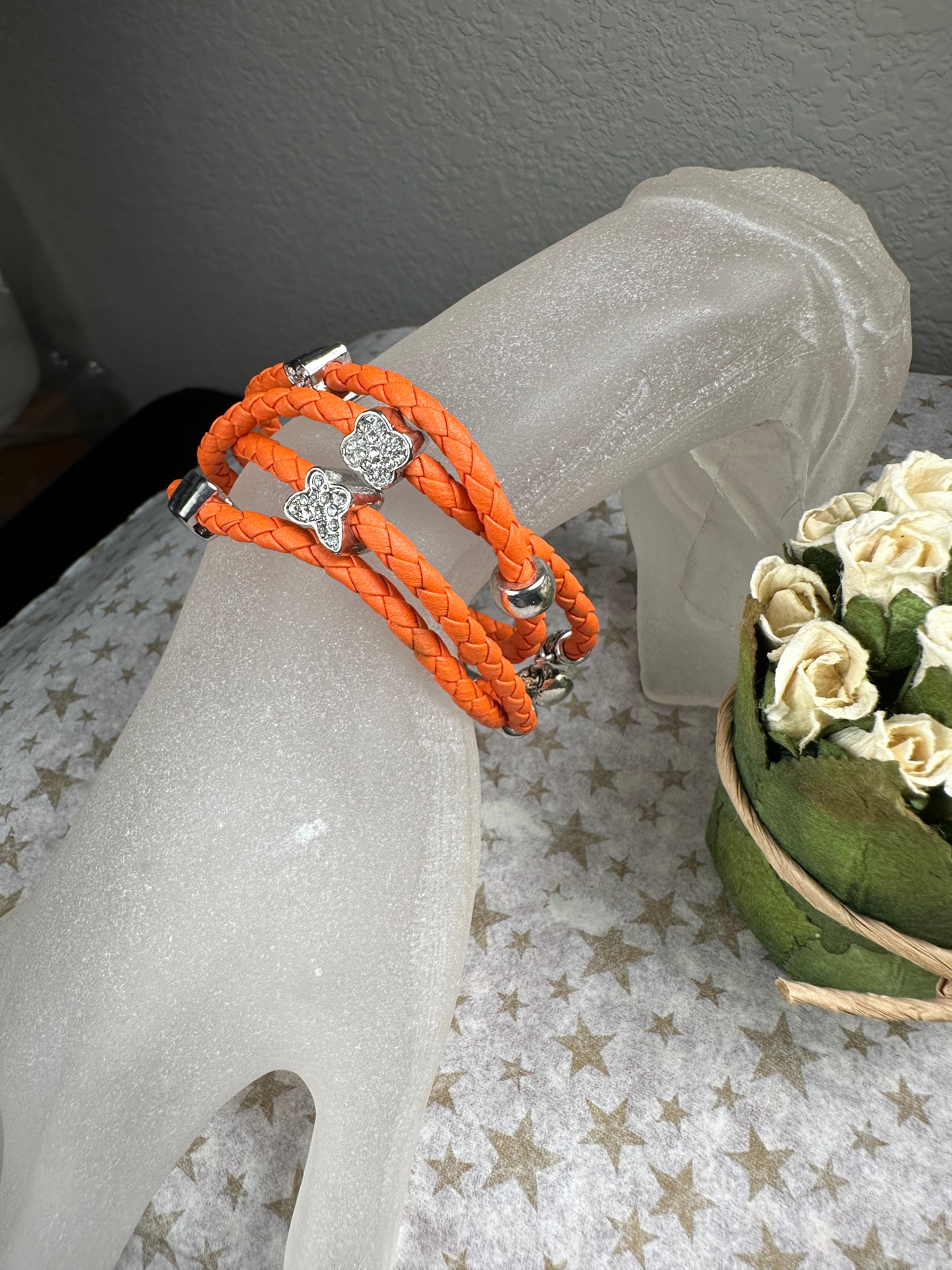 Multi Wrapper Braided Faux Leather Bracelet with Encrusted Crystal Mot