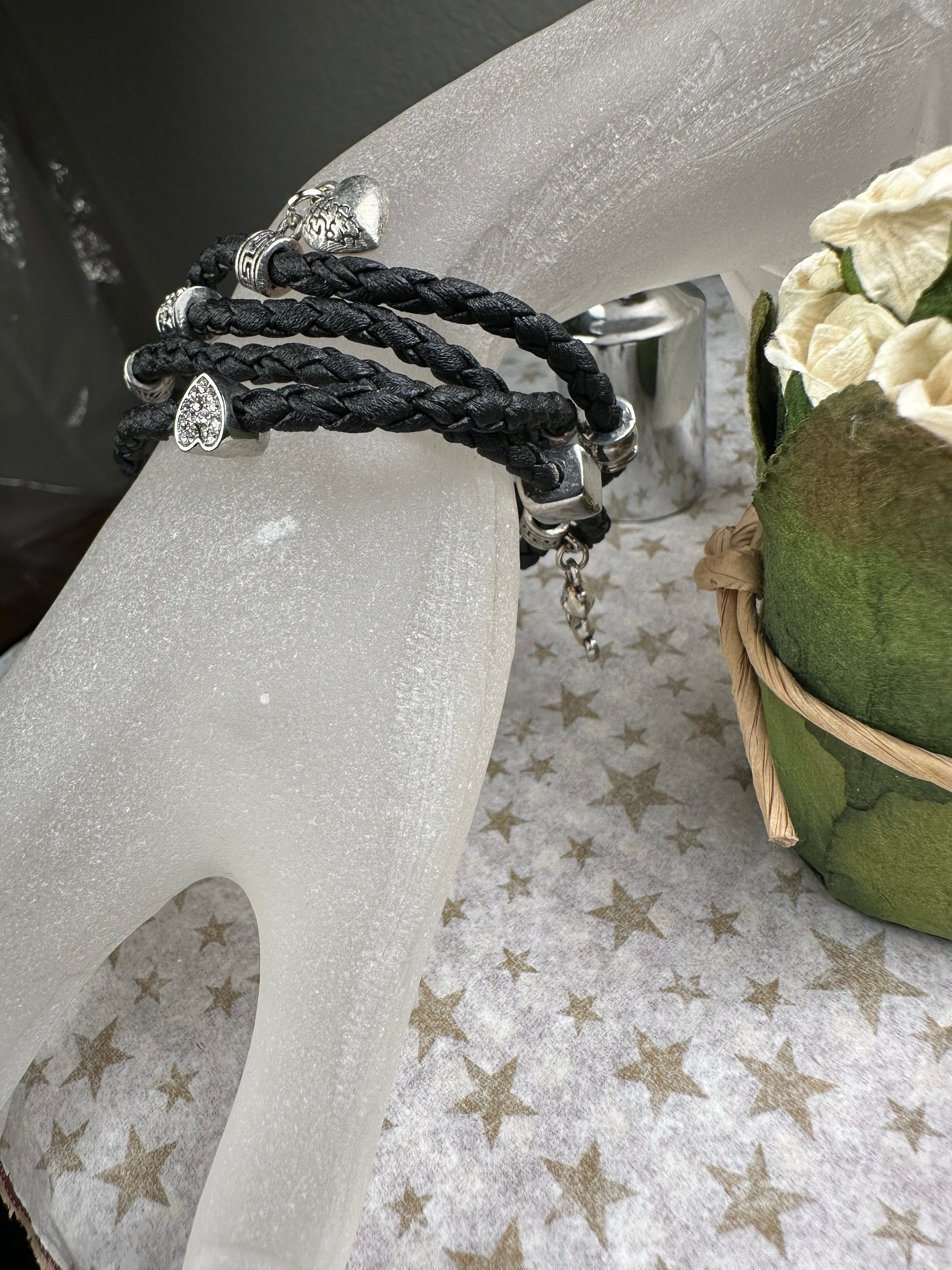 Multi Wrapper Braided Faux Leather Bracelet with Encrusted Crystal Mot