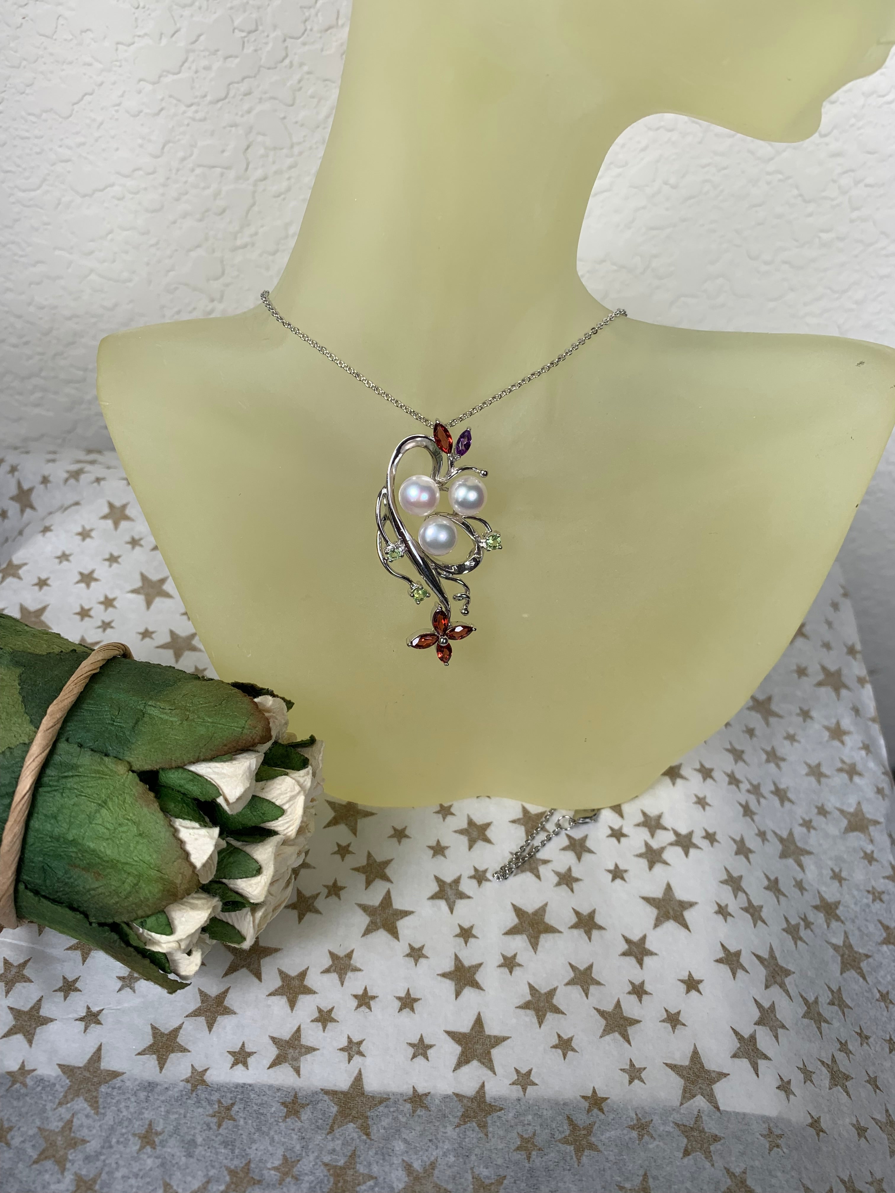Pearls in Viney Design with Amethyst, Garnet & Peridot Accent in Silve