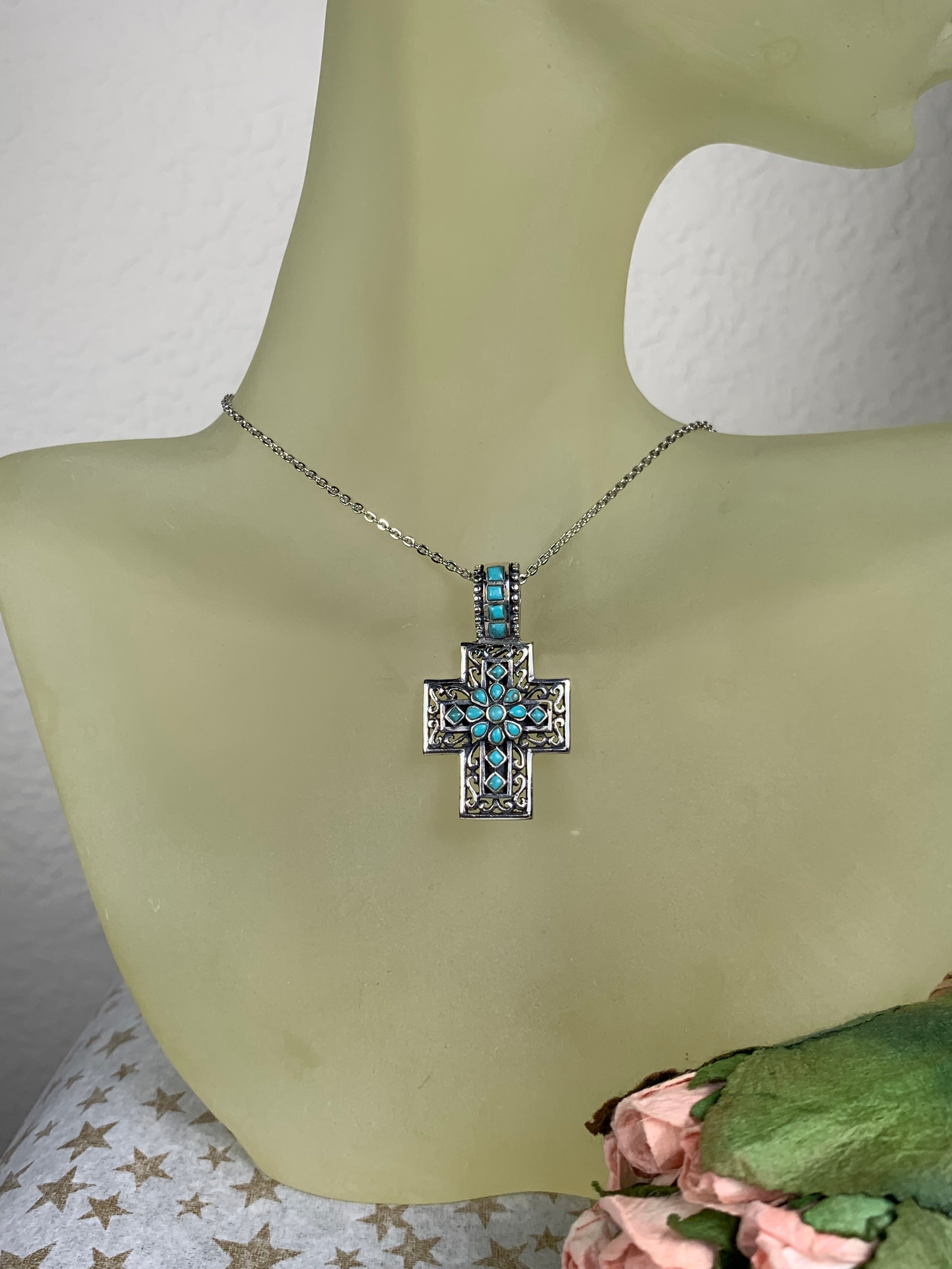 Vintage Turquoise & Silver Cross Pendant